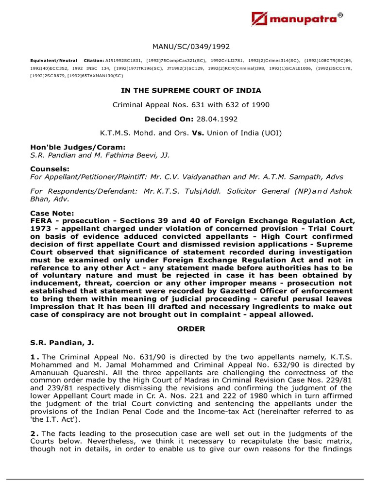 K.T.M.S. Mohd. vs. Union of India Case Analysis | PDF | Perjury ...