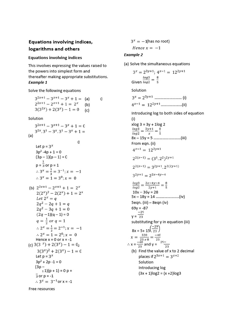 A Level Mathematics Paper 1 Equations Involving Indices Logarithms ...