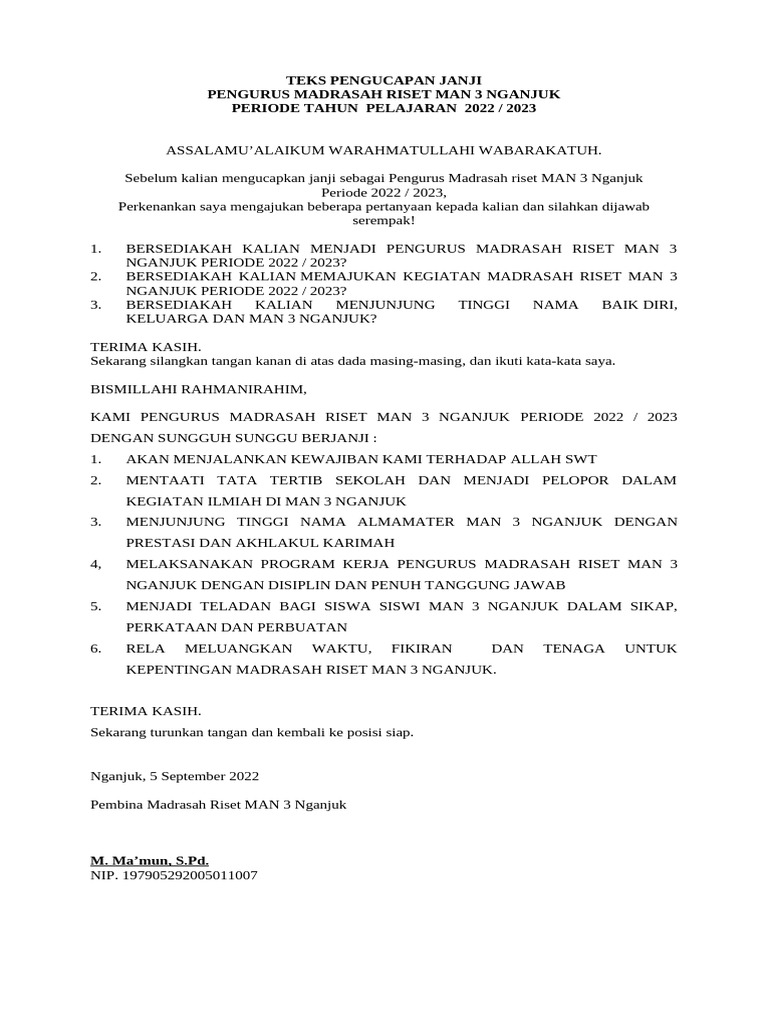 Teks Pelantikan Pengurus Madrasah Riset | PDF