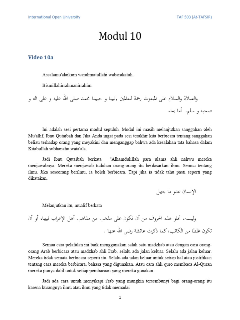 TAF 503 (AT-TAFSIR) Transkrip Modul 10 | PDF