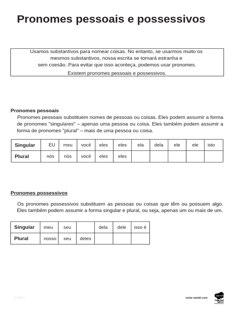 Pronomes Pessoais e Possessivos Explicados | PDF | Pronome | Linguística
