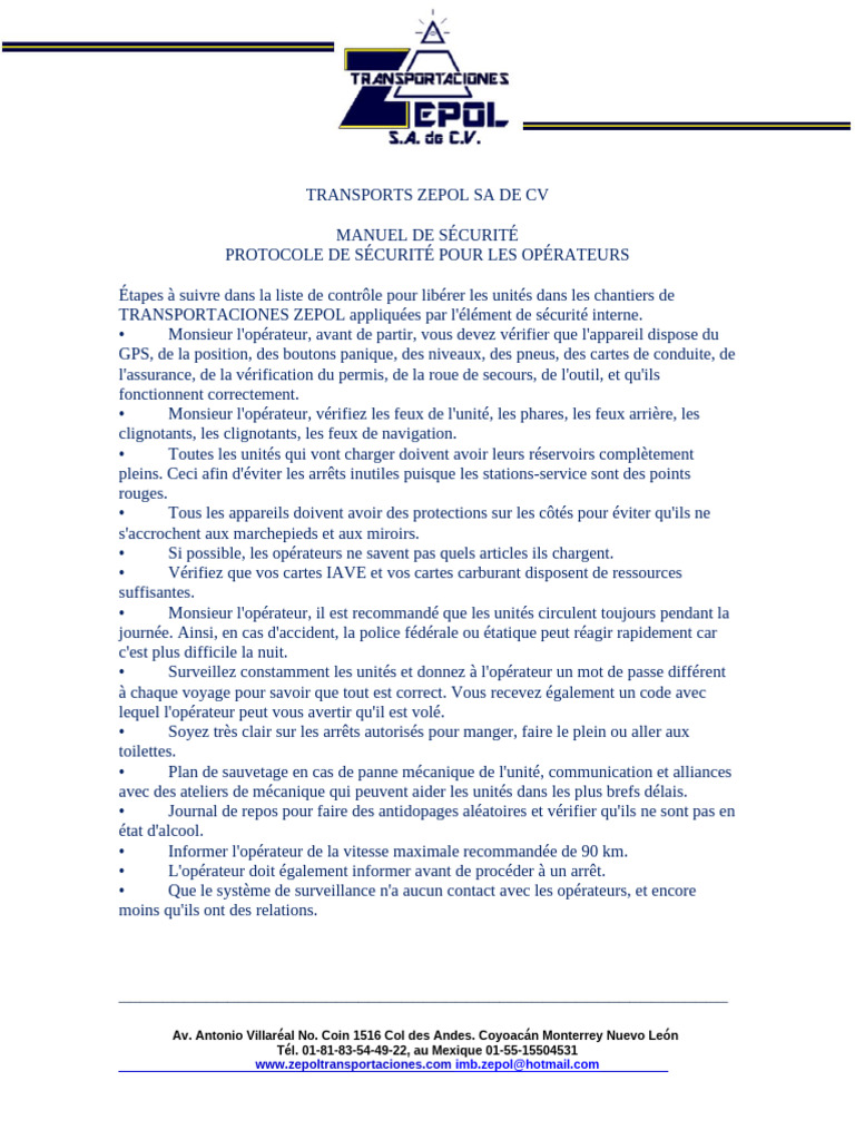 Protocole de Sécurité pour Opérateurs Zepol | PDF | Sécurité | Véhicules