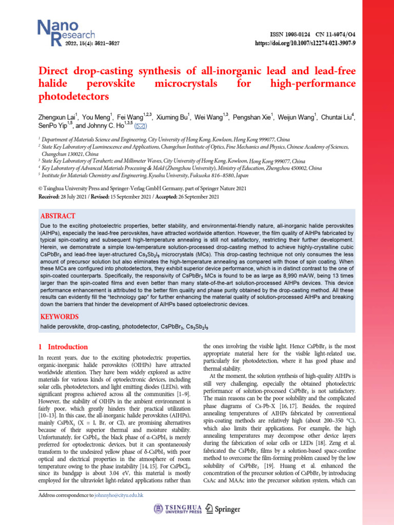 Nano Research - 2021 - Drop-Casting All-Inorganic Halide PVK MCs PDs | PDF | Scanning Electron ...
