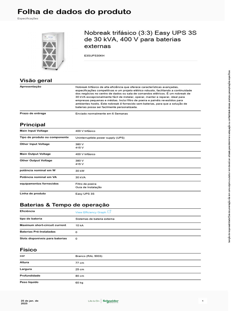 Schneider Electric - Easy-UPS-3S - E3SUPS30KH | PDF | Fonte de energia