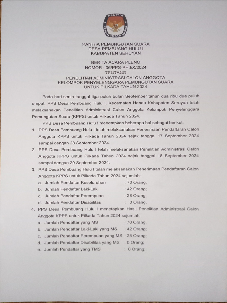 Berita Acara Pleno Penelitian Administrasi Calon Anggota KPPS Pilkada Tahun 2024 | PDF