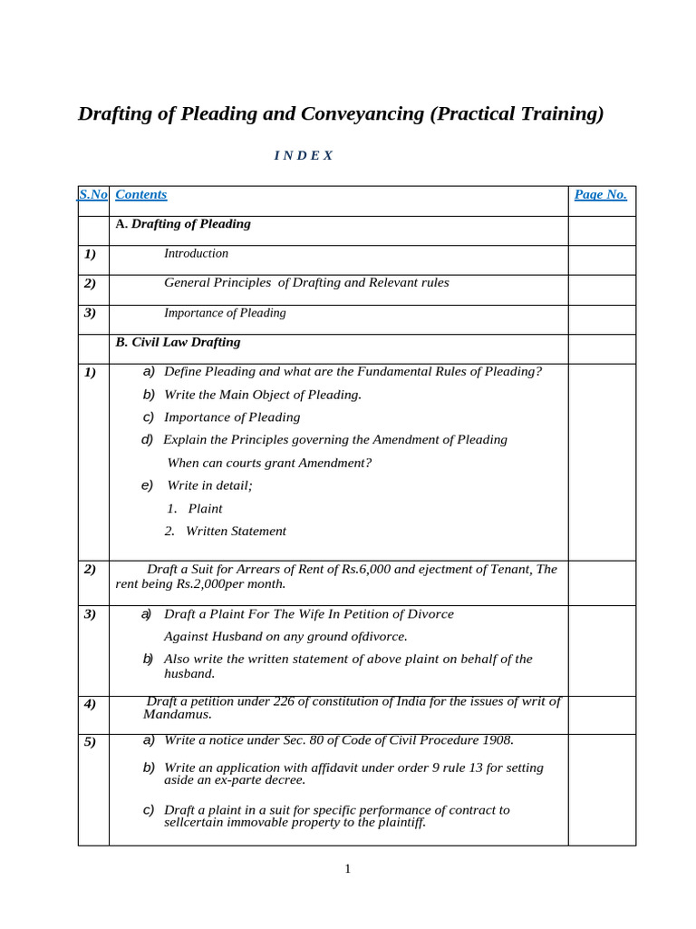 Contents (Index) Drafting and Pleading | PDF | Pleading | Complaint