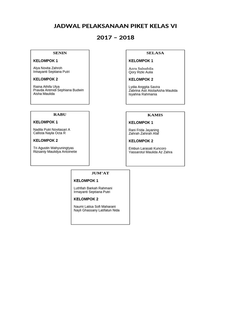 Jadwal Pelaksanaan Piket Kelas Vi | PDF