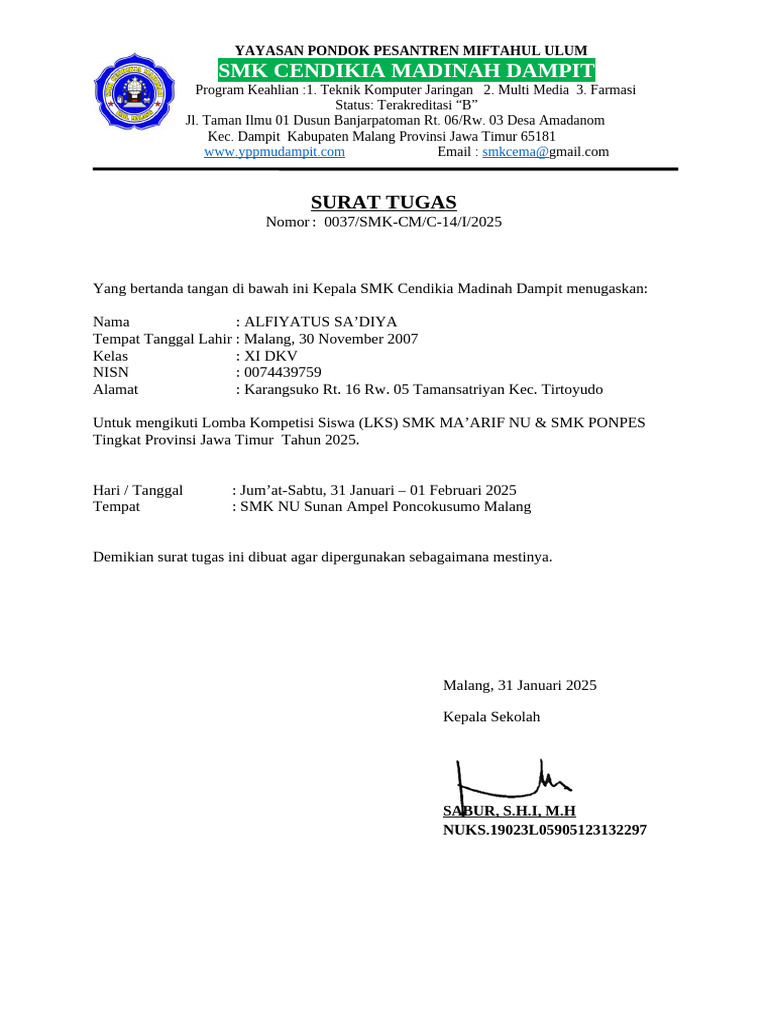 Surat Tugas Lomba Kompetisi Siswa (LKS) | PDF