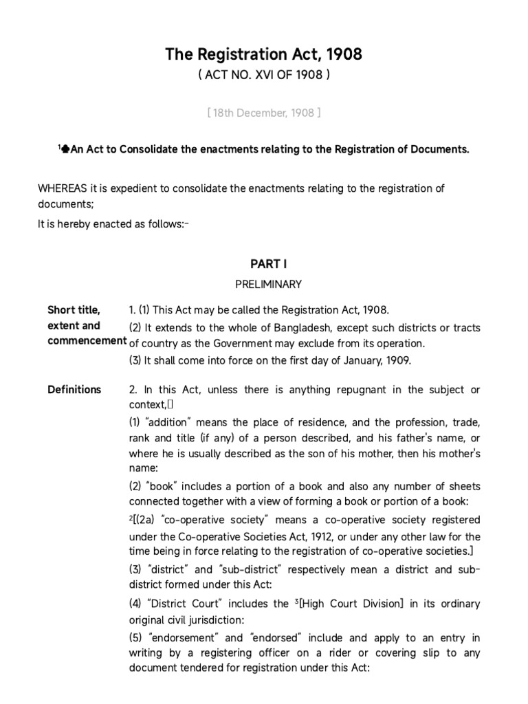 The Registration Act, 1908 | PDF | Loans | Deed