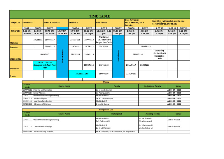 B.Tech CSE II Semester Timetable | PDF | Algebra | Mathematics