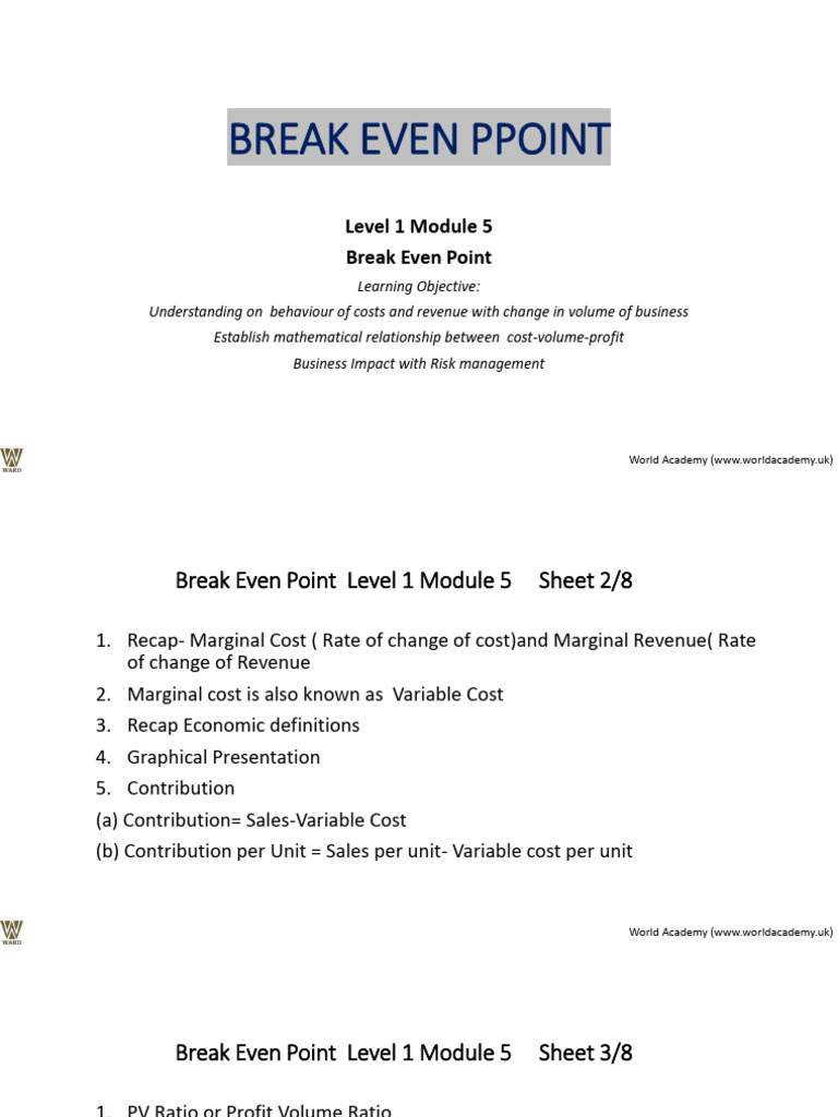 L 1 M 5 Break Even Point | PDF | Marketing | Pricing
