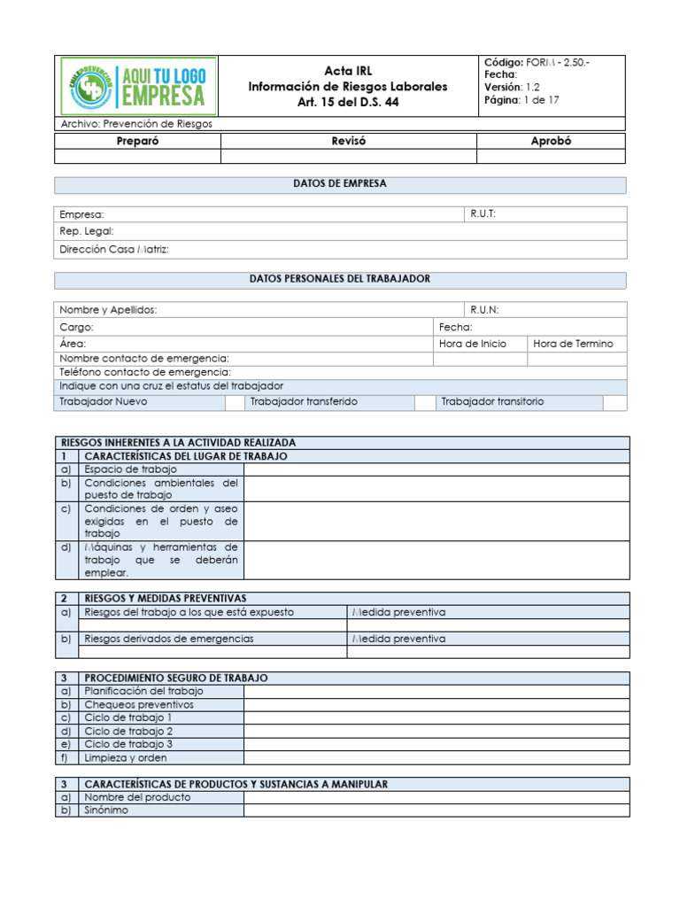 FORMATO IRL (Ex ODI) Información de Los Riesgos Laborales DS 44 V2 | PDF