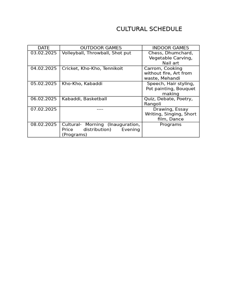 Cultural Games and Activities Schedule | PDF