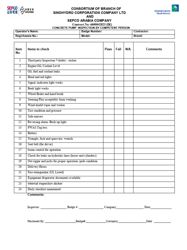 Concrete Pump Inspection Checklist | PDF