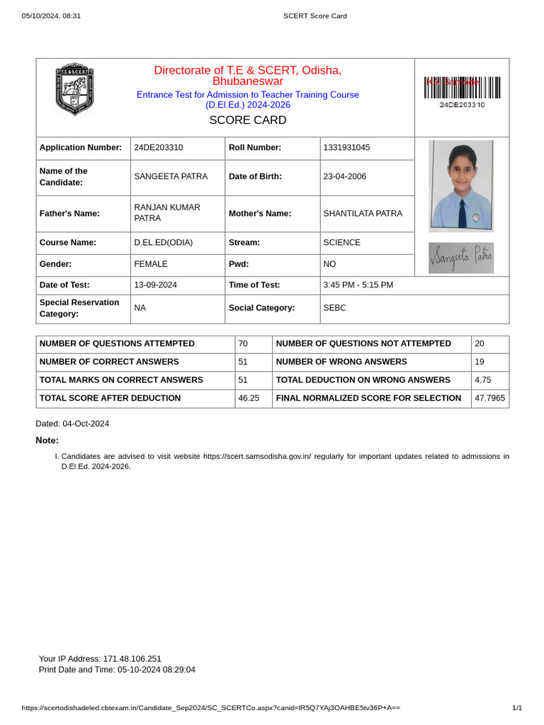SCERT Score Card | PDF