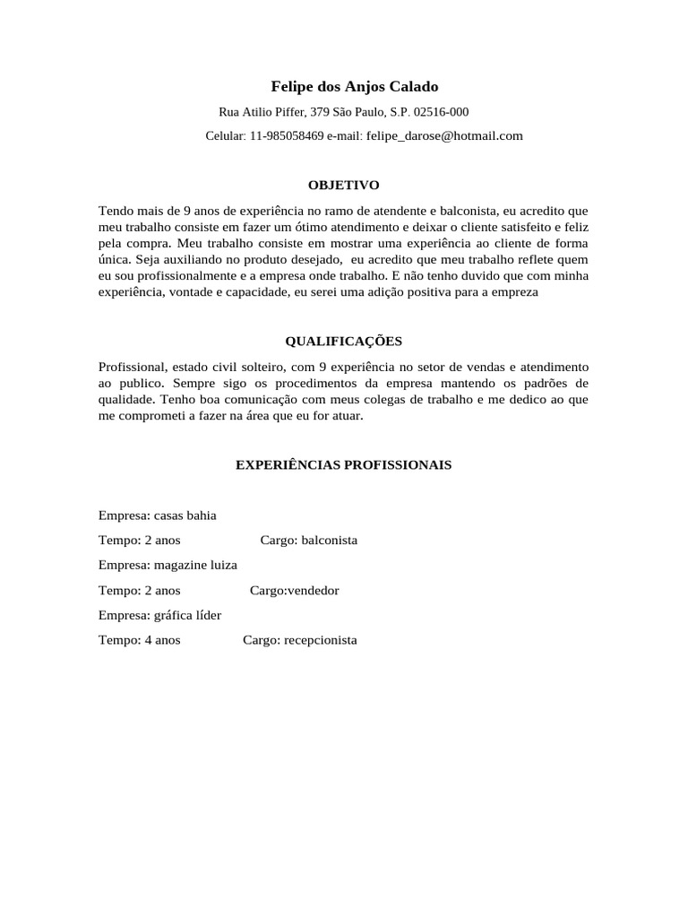 Currículo de Felipe Calado - Vendas e Atendimento | PDF