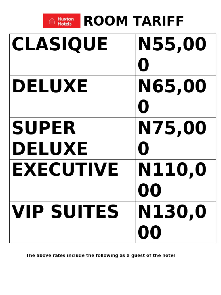 Kigali Hotel Room Tariff Details | PDF