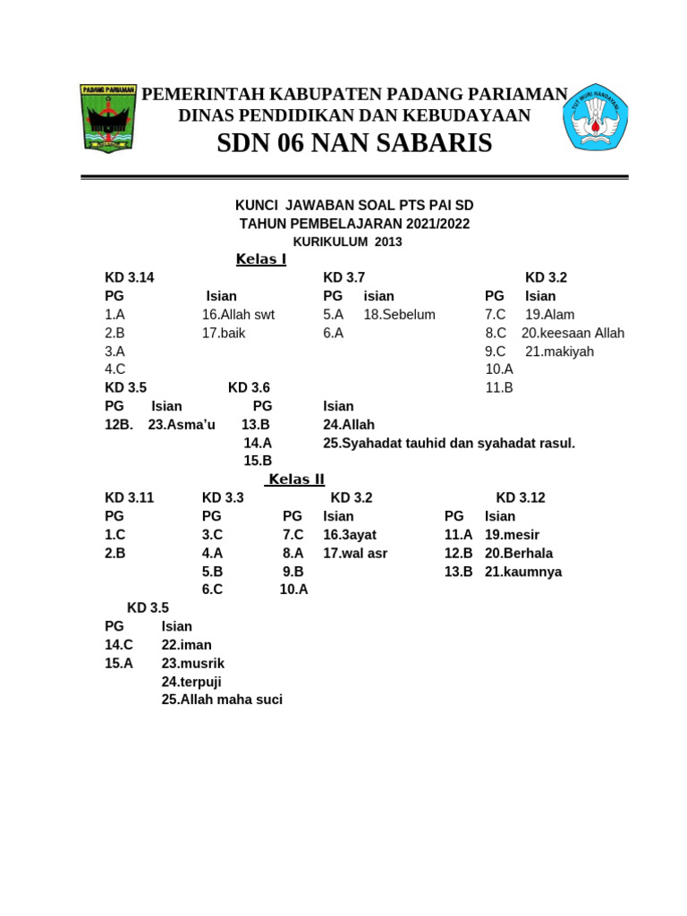 Kunci Jawaban PTS PAI SD 2021/2022 | PDF