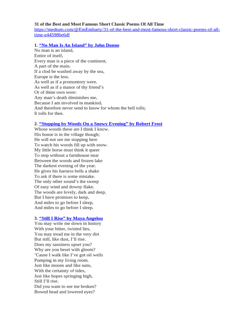 Famous Short Classic Poems Collection | PDF