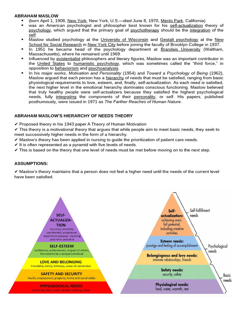 ABRAHAM MASLOW'S Lecture Note | PDF | Self Actualization | Psychology