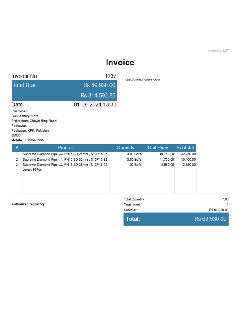 Invoice 1237 for Supreme Diamond Pipes | PDF