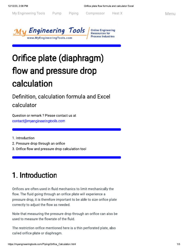 Orifice Plate Flow Formula and Calculator Excel | PDF