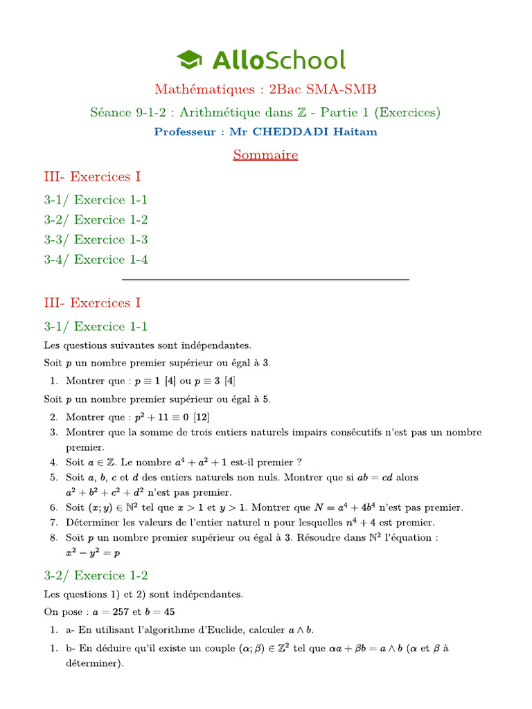 Seance 9 1 2 Arithmetique Dans Z Partie 1 Exercices 2 | PDF