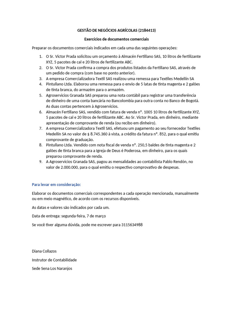 Exercícios Documentos Comerciais | PDF