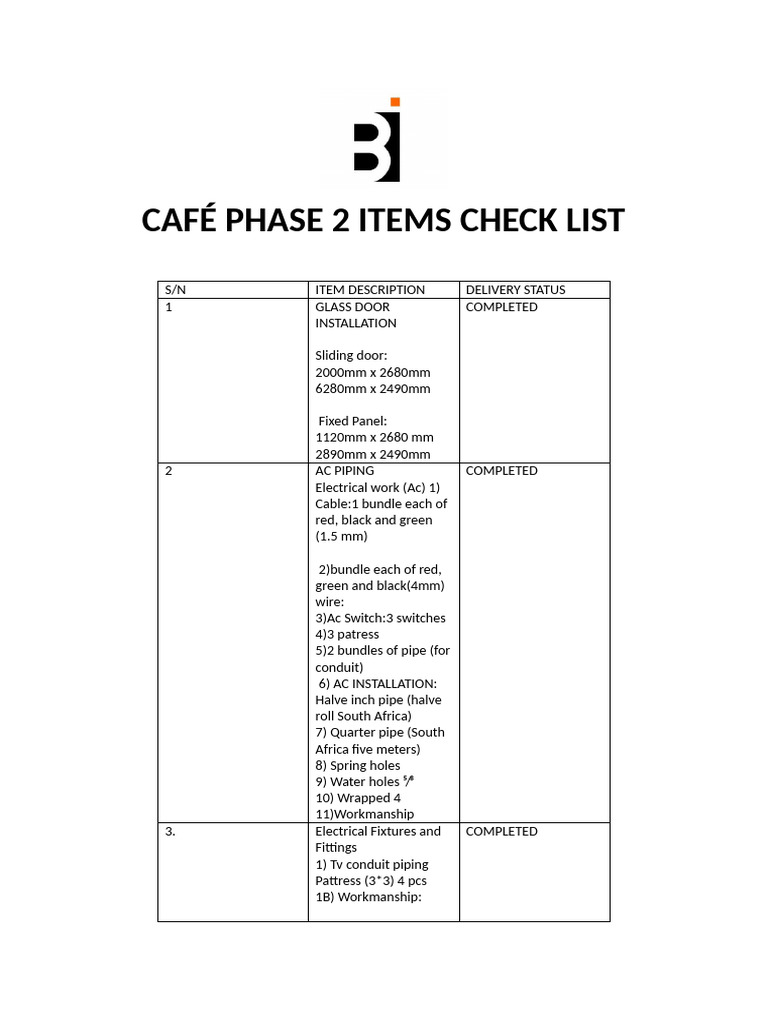 Café Phase 2 Items Check List | PDF