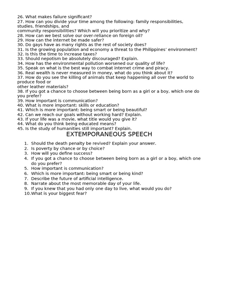 Extemporaneous Speech Topics | PDF