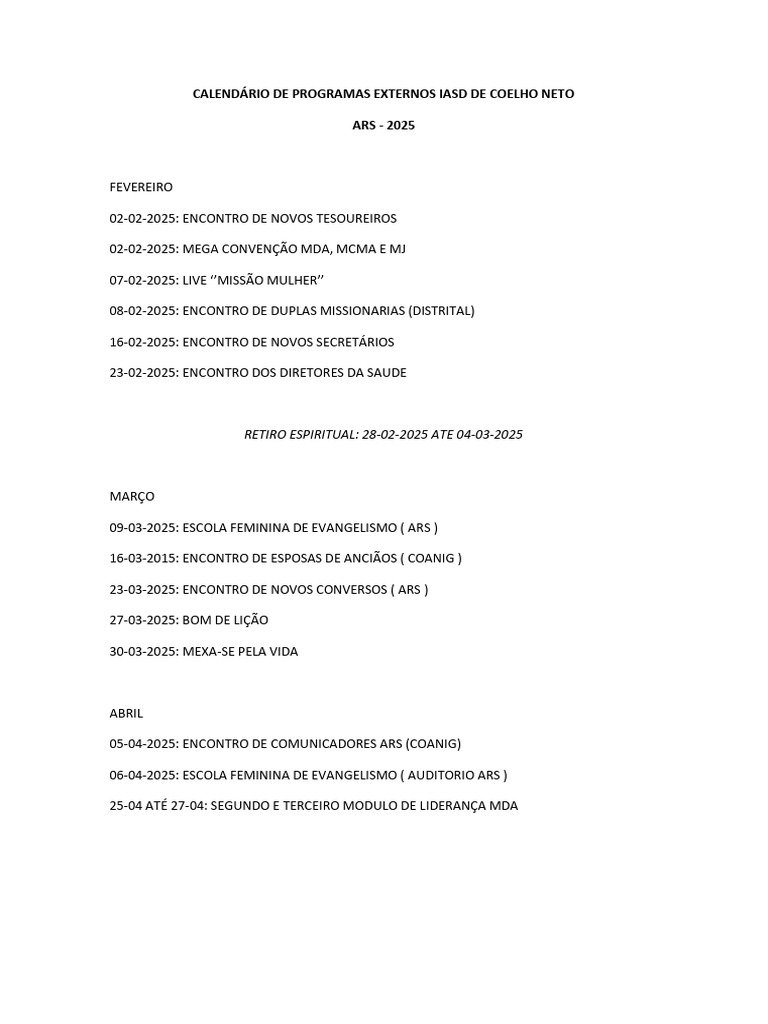 Calendário de Programas Externos Iasd Ars | PDF