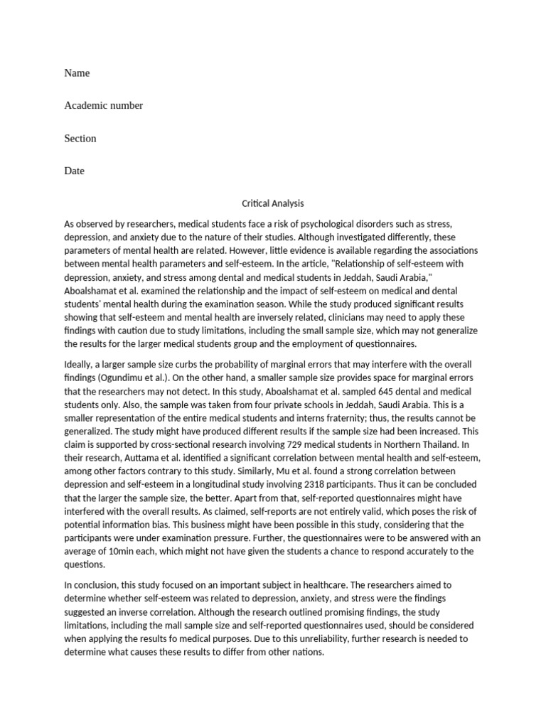 Self-Esteem's Impact on Medical Students' Mental Health | PDF | Mental ...