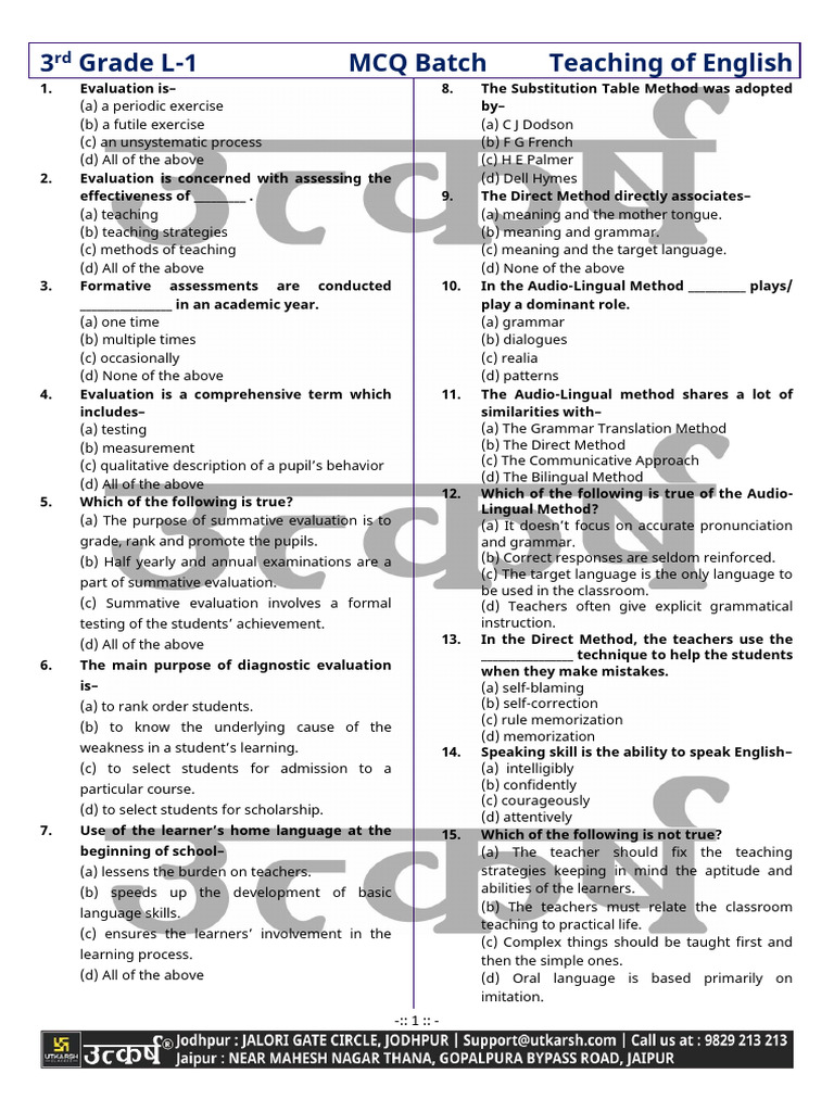 3rd Grade English Teaching Mcqs Pdf Teachers Learning