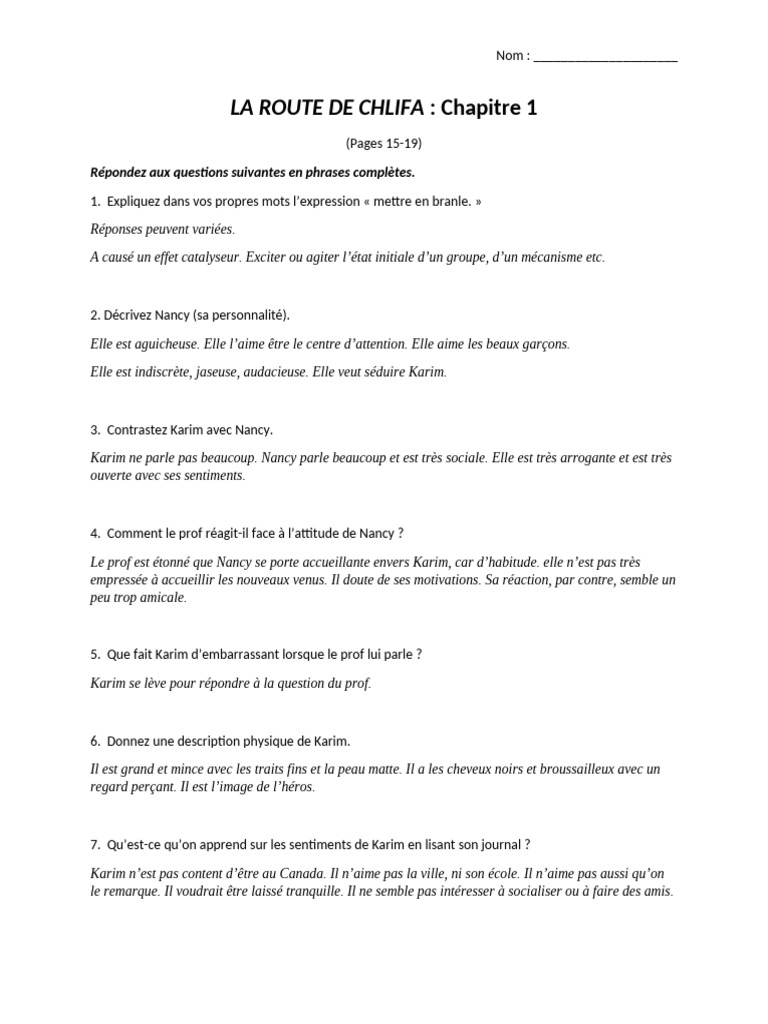 Chlifa - Partie 1, Chapitre 1 - RÉPONSES | PDF
