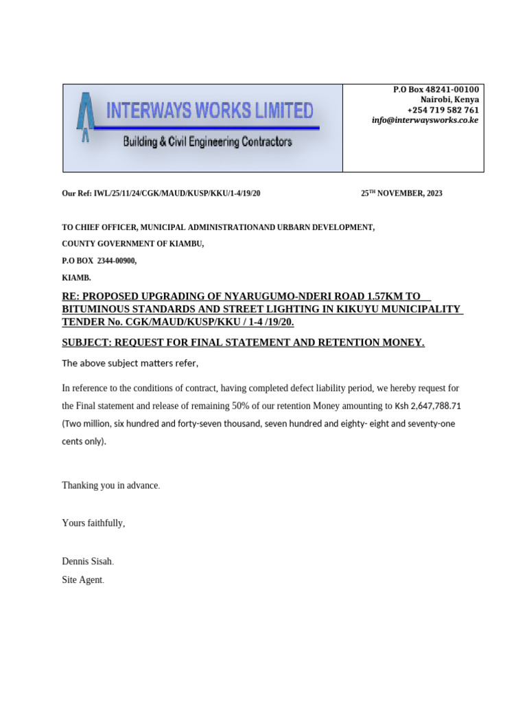 Kiambaa Retention Money Request Letter 25TH Nov 2024 | PDF
