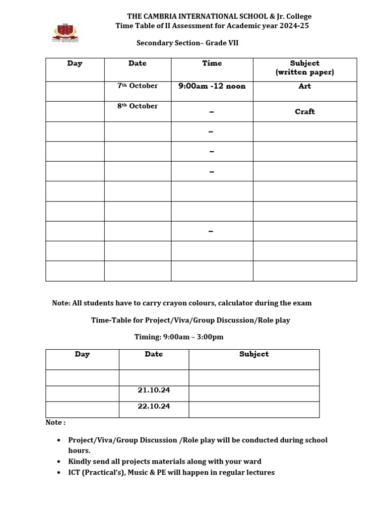 Grade VII II Assessment Timetable 2024-25 | PDF