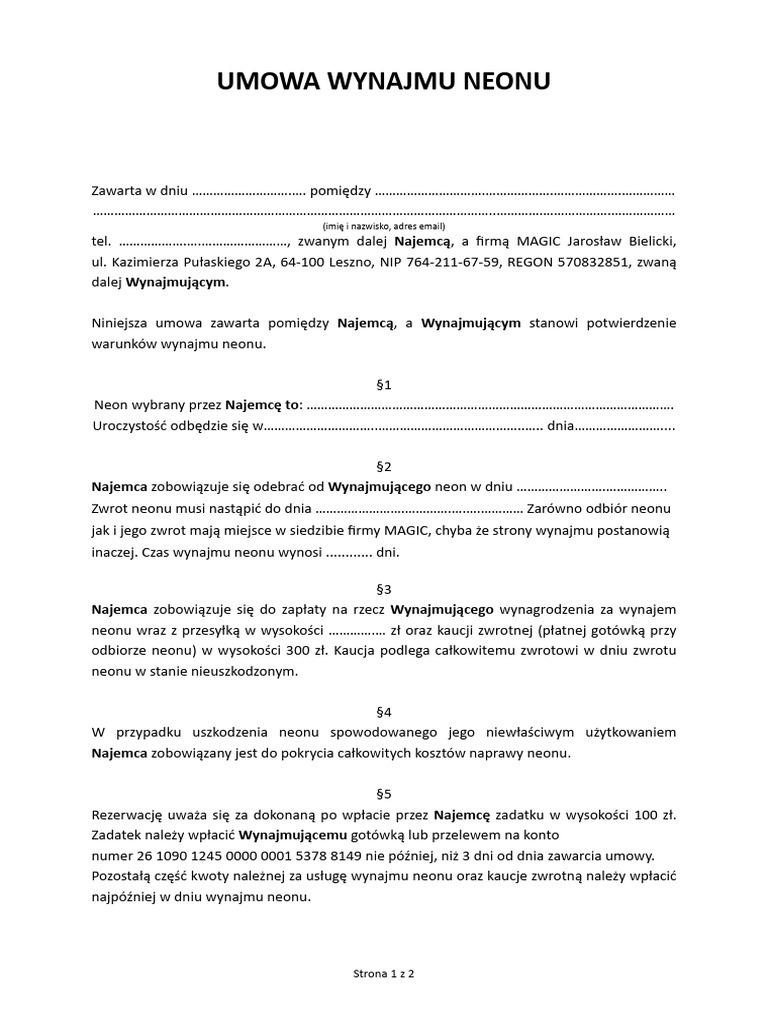 Umowa Wynajmu NEONU | PDF
