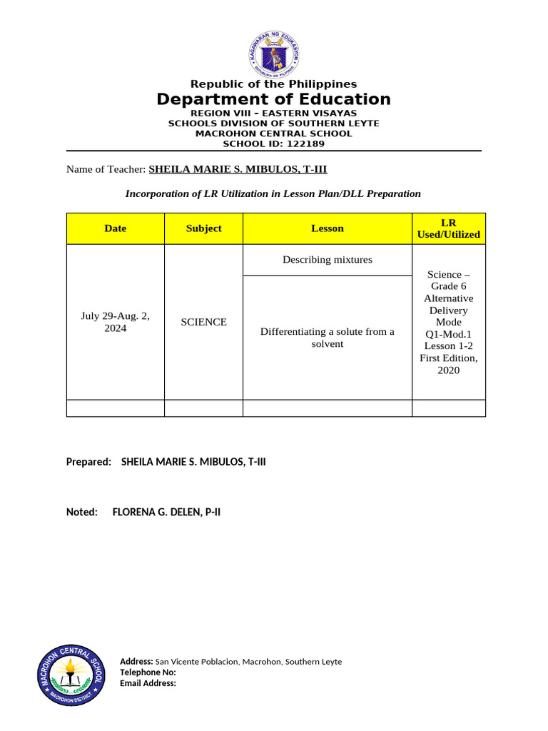 Lesson Plan for Grade 6 Science on Mixtures | PDF