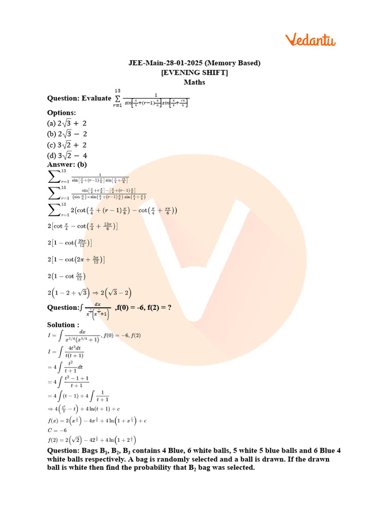 JEE Mains 2025 Jan 28 Shift 2 Question Paper Maths With Solutions - FREE PDF | PDF