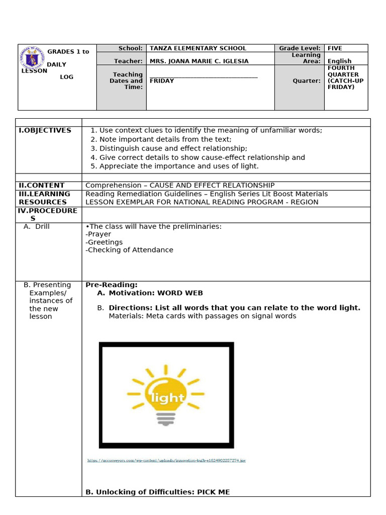 DLP-Q4-DAY15-CATCH-UP-FRIDAY-READING-ENGLISH-instructional-APRIL19 | PDF | Reflection (Physics ...