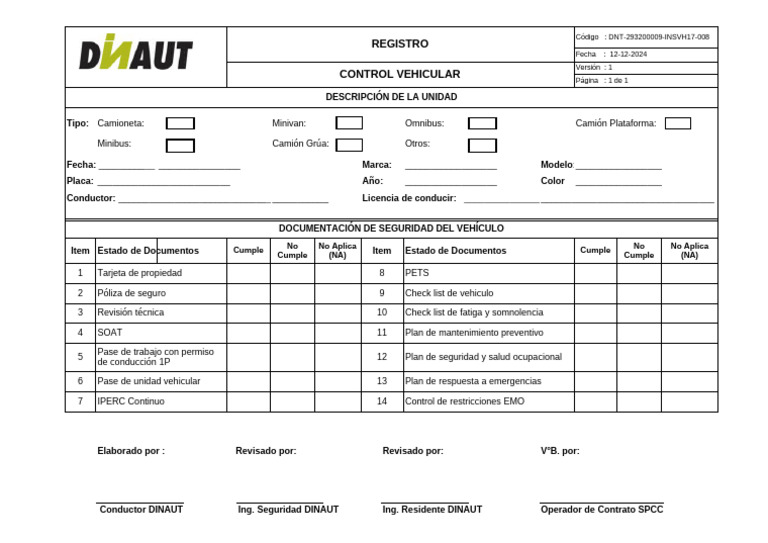 Registro de Control Vehicular y Seguridad | PDF | Licencia de conducir ...