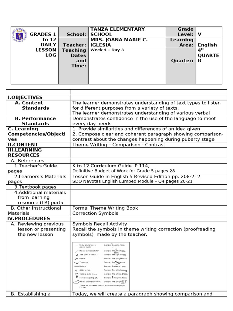 DLP-Q4-DAY18-ThemeWriting-Comparison and Contrast | PDF | Learning ...