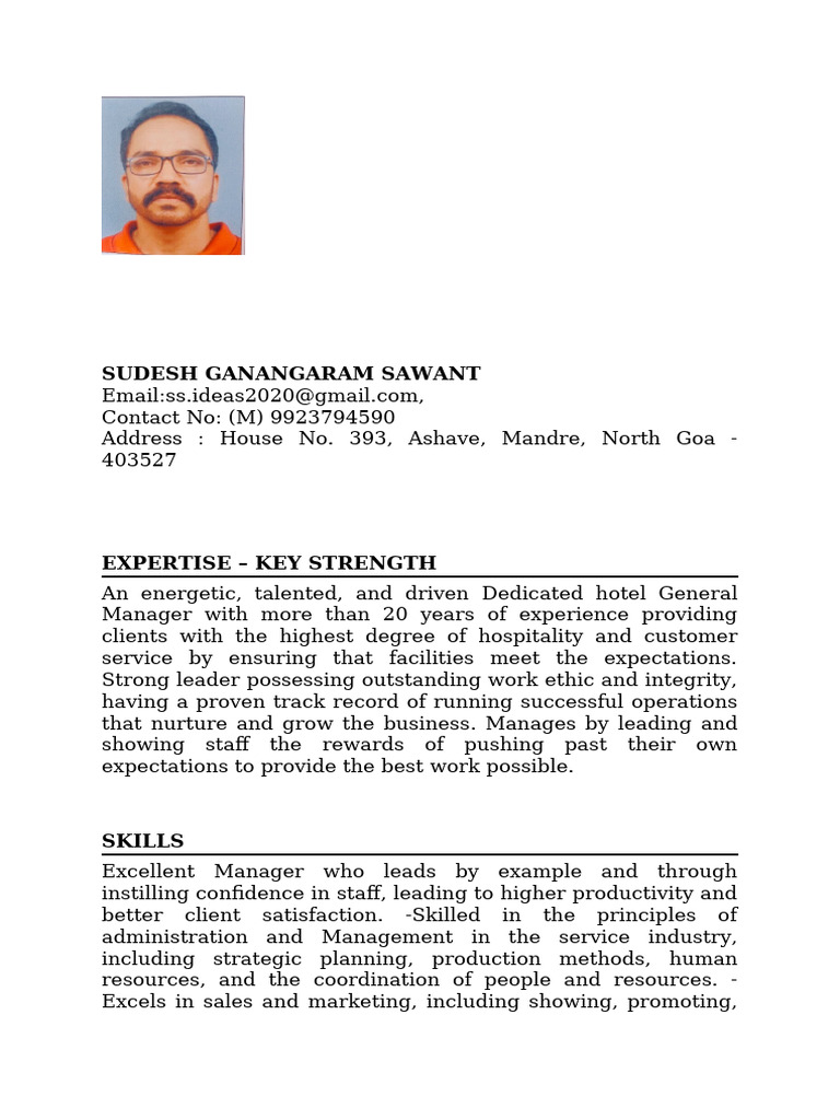 Sudesh Ganagaram Sawant-1 | PDF | Hotel | Business