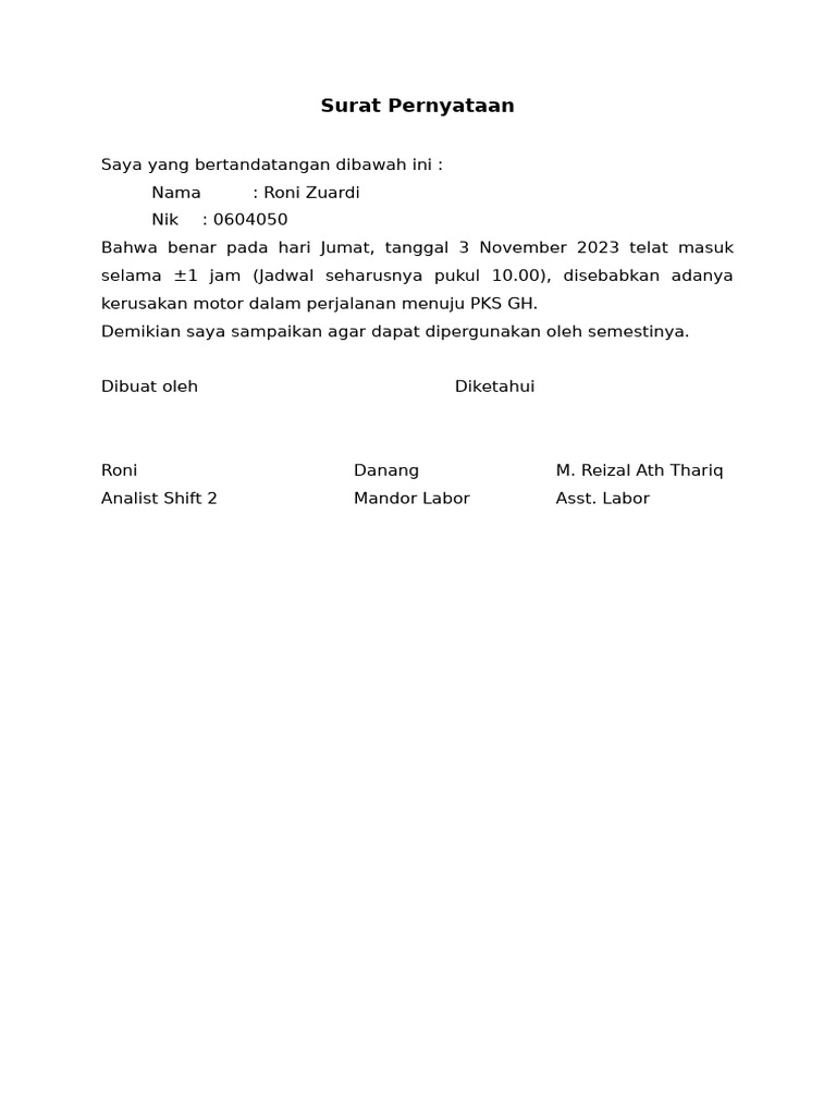 Surat Pernyataan Telat Masuk | PDF