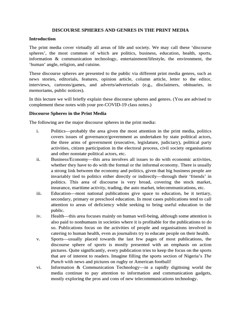 Discourse Spheres and Genres in The Print Media | PDF | News | Newspapers