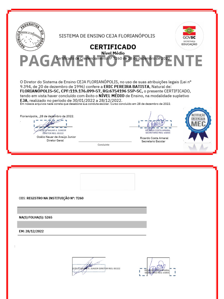 Certificado Ensino Médio EJA | PDF
