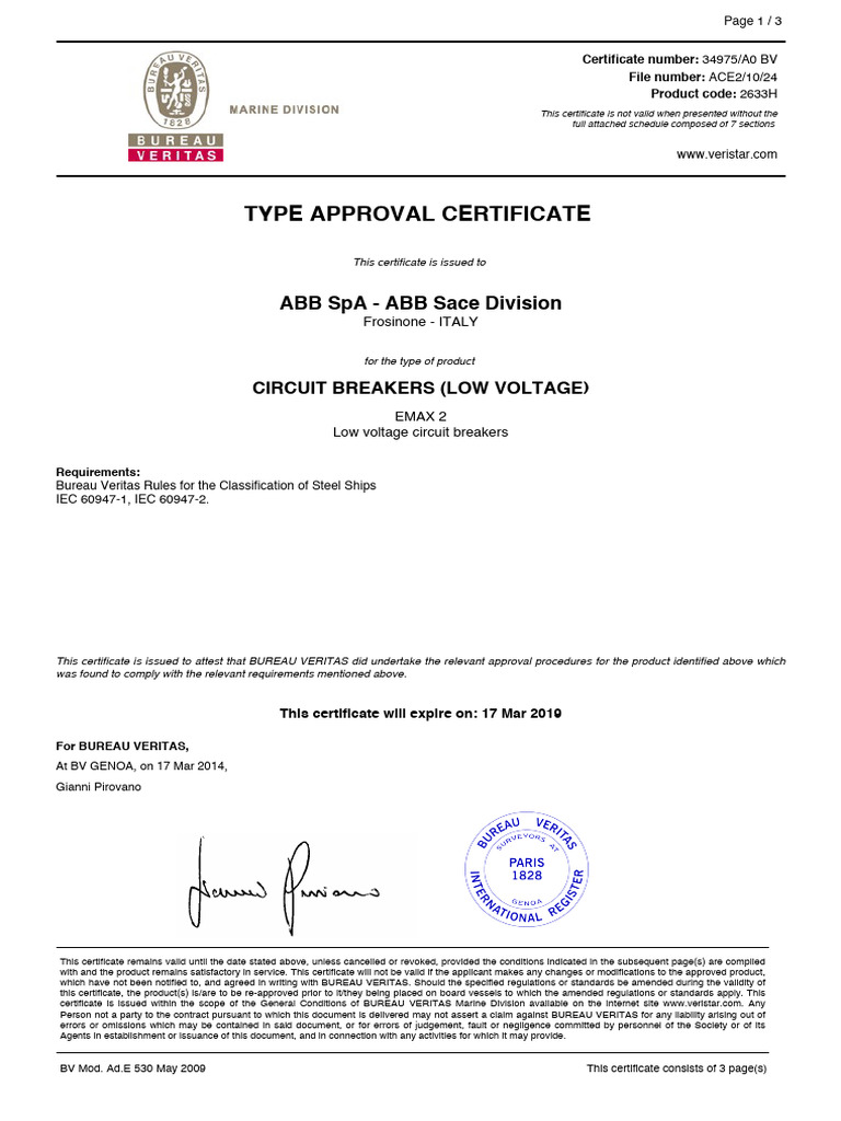 Certificate BV Emax2 - 34975 - A0 BV | PDF
