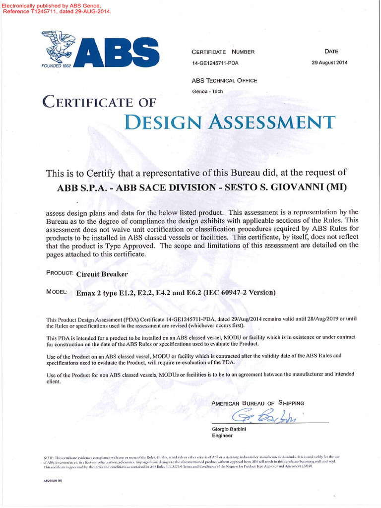 ABS Certificate No.14-GE1245711-PDA - 84563786 | PDF