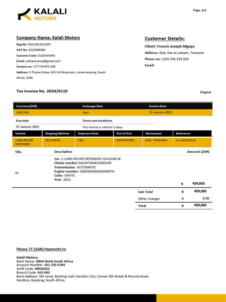 Kalali Invoice To Mr. Francis Mgaya - Cape Logistics - DEFENDER - OCT24 ...