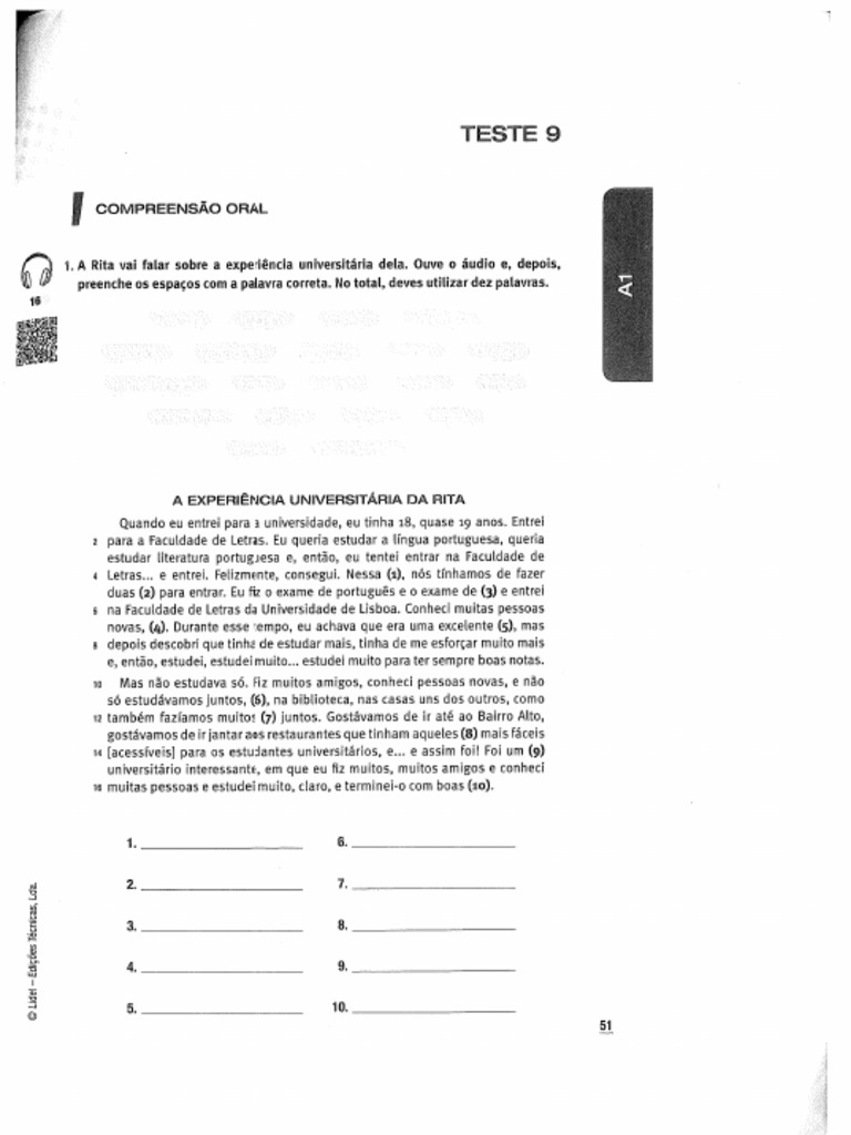 Livro Testes de Português A1 e A2 - Teste 9 - A1 | PDF